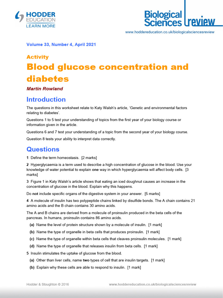Blood Glucose and Diabetes Worksheet | PDF | Glucose | Insulin