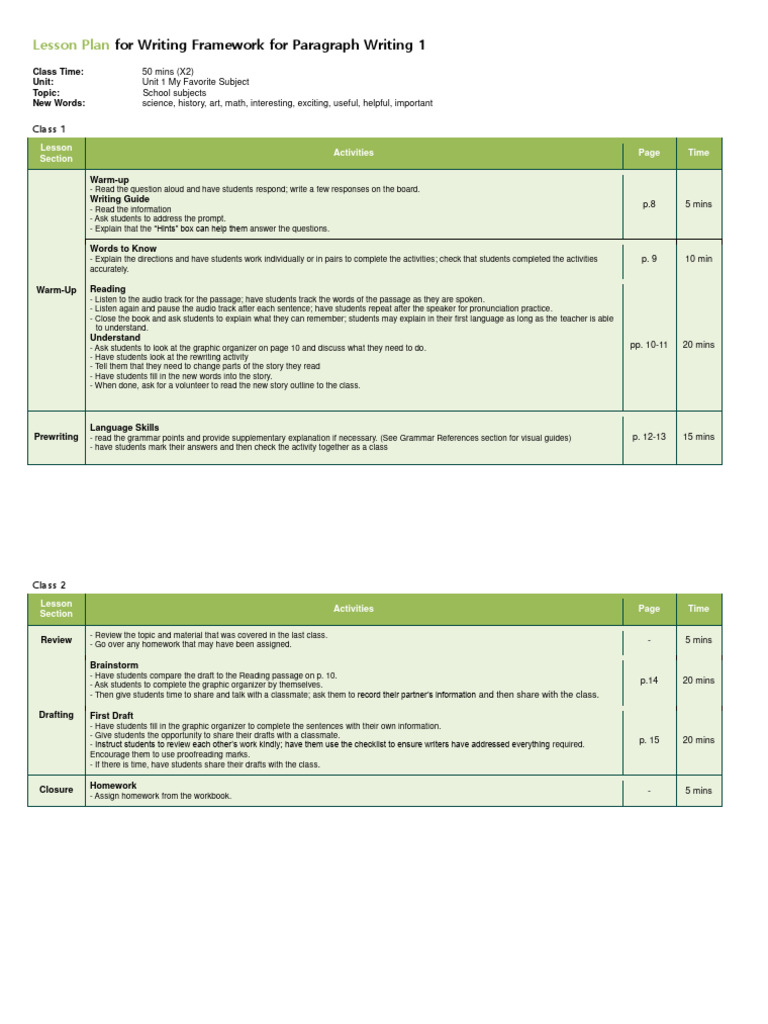 Writing Framework for Paragraph Writing 1_Lesson_Plan | PDF | Learning | Cognition