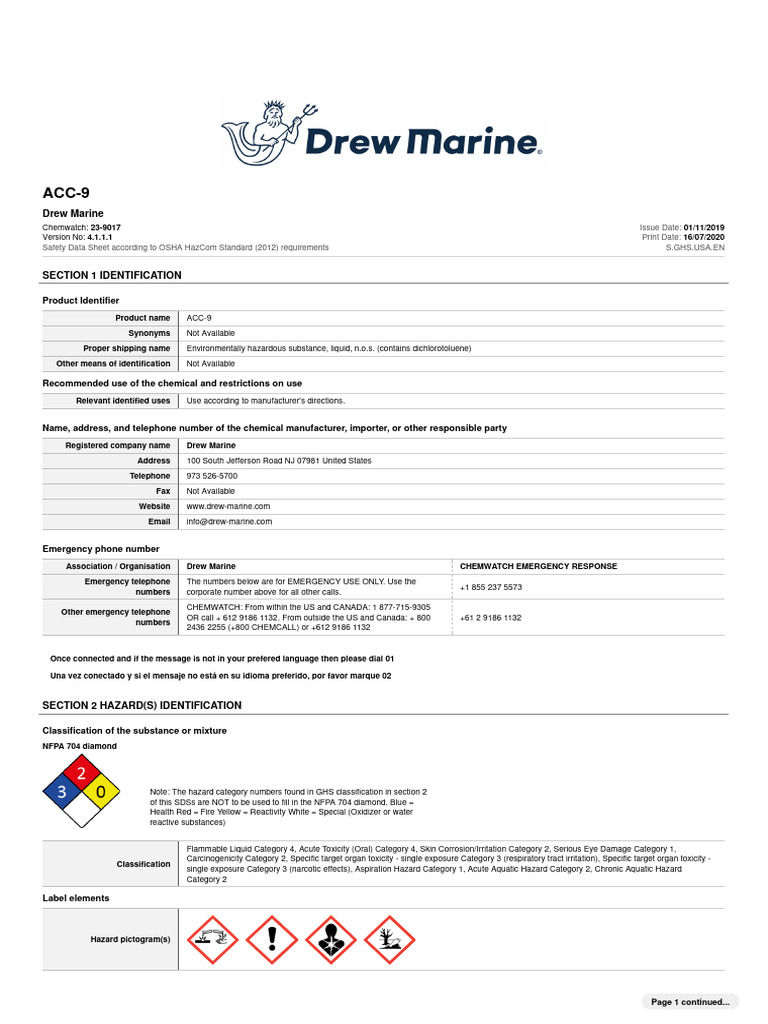 ACC-9_SDS | PDF | Toxicity | Hazards