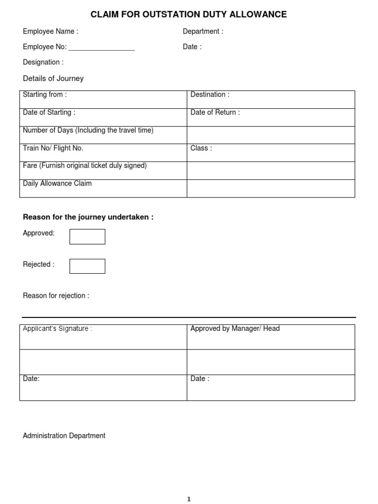 Claim For Out Station Duty Allowance | PDF | Transport | Public Transport