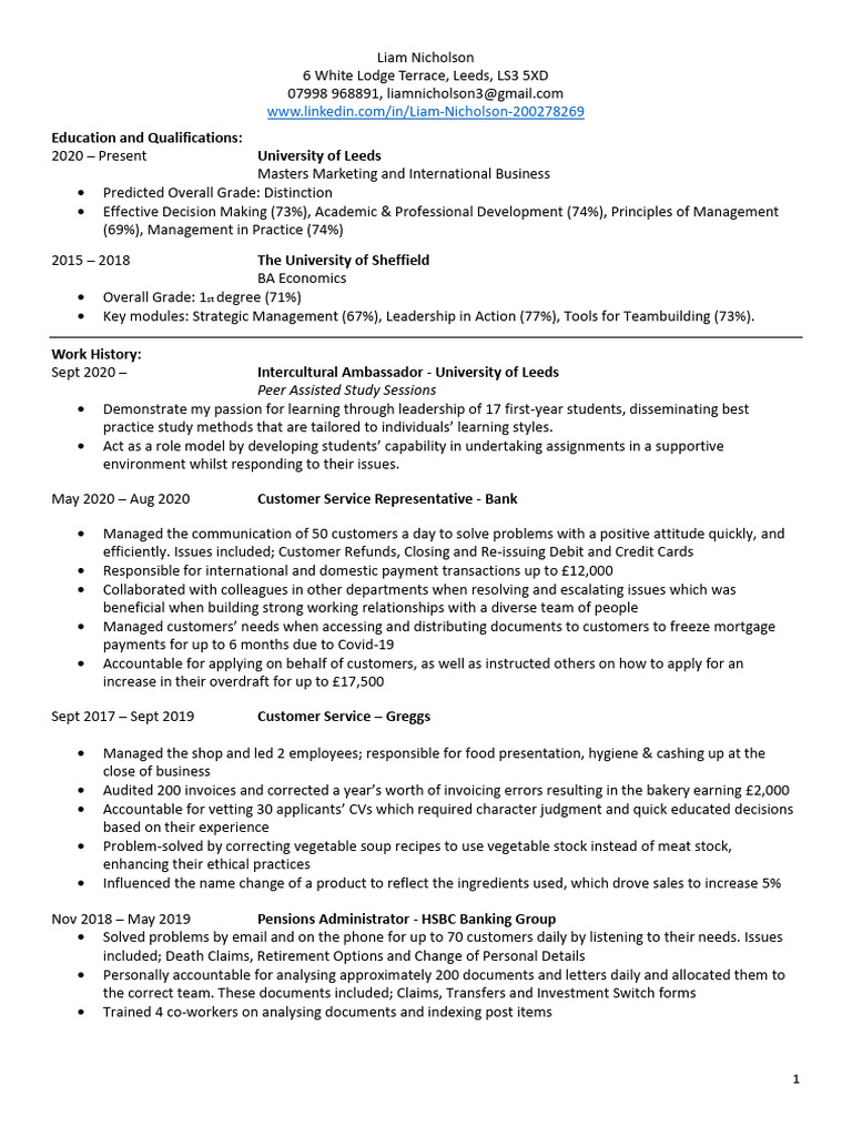 Liam Nicholson's Marketing CV | PDF | Economies | Business
