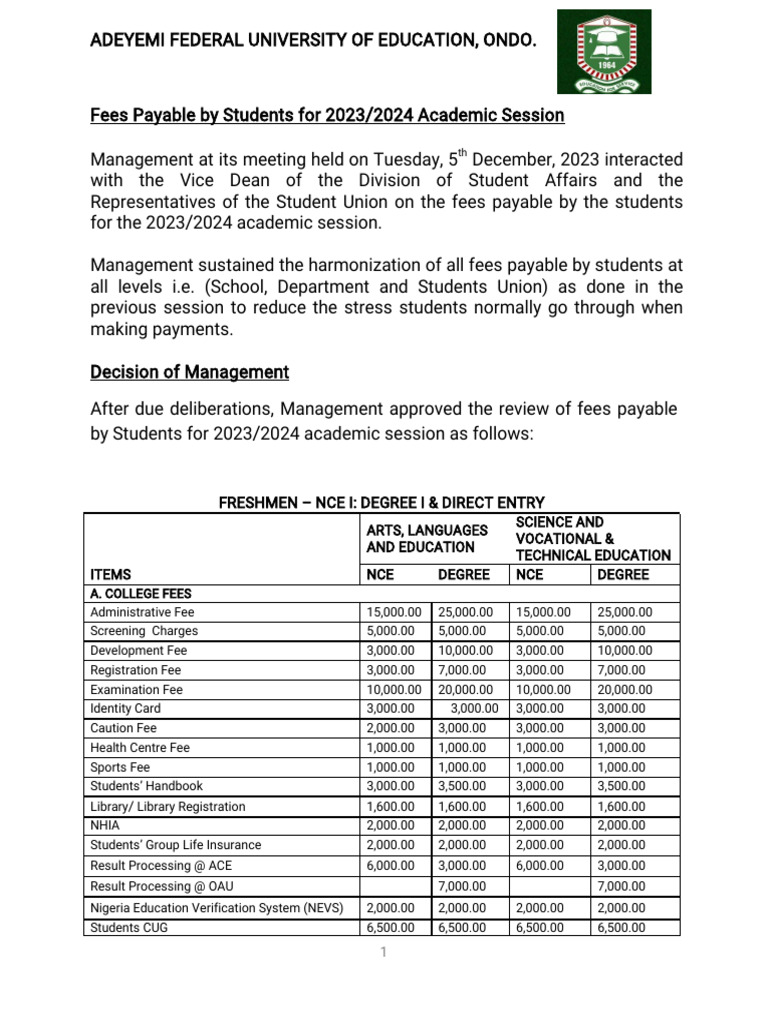 2023/2024 Student Fees at Adeyemi University | PDF