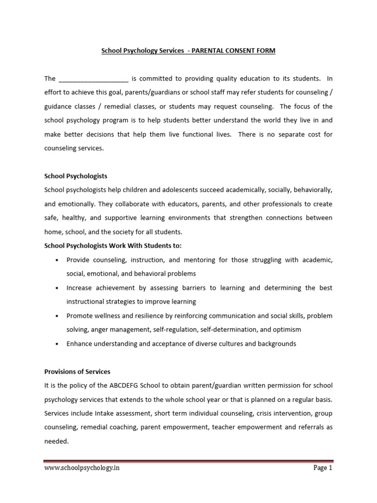 Parental Consent for School Counseling | PDF | School Psychology ...