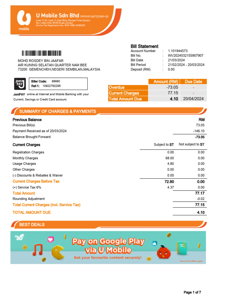 U Mobile March 2024 Bill Statement | PDF | Credit Card | Payments
