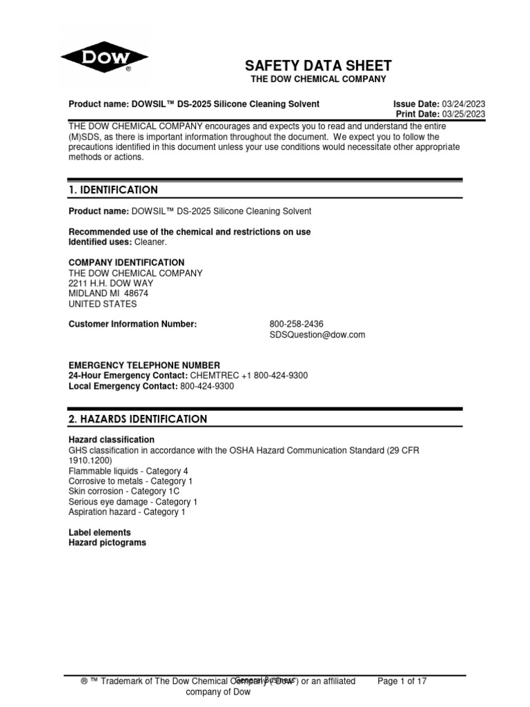 DOWSIL DS-2025 Silicone Cleaning Solvent-Safety Data Sheet-EN | PDF ...