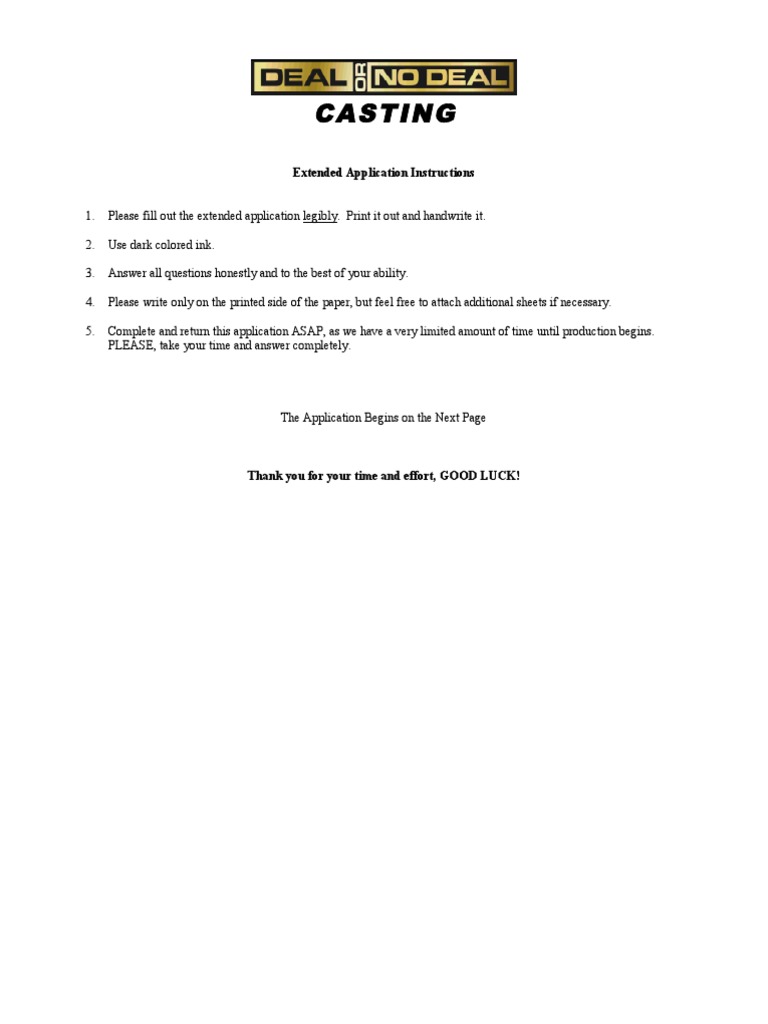 Deal or No Deal Application | PDF | Television Network | Nbc
