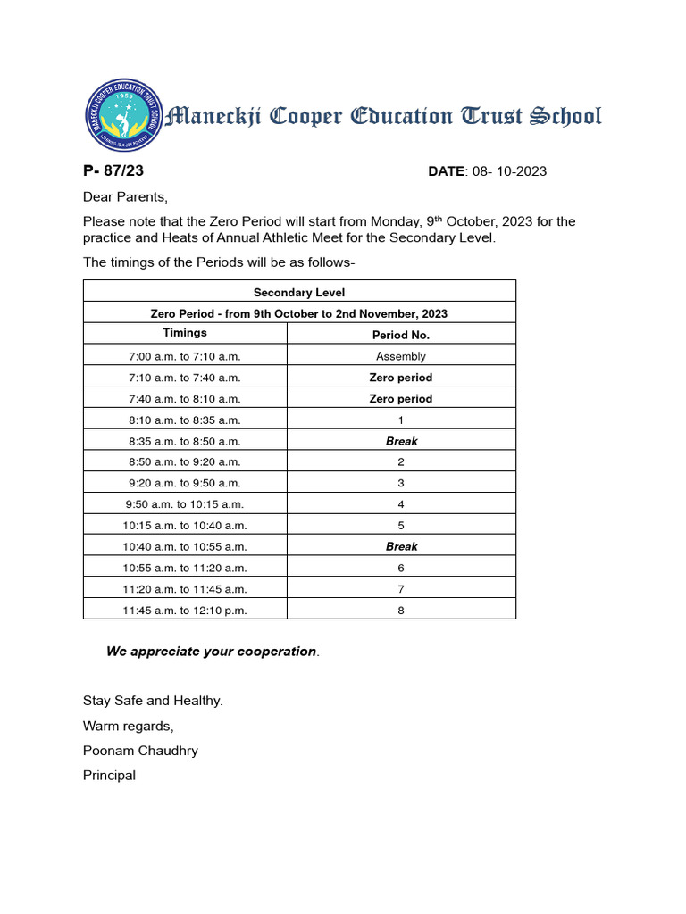 P-87 Secondary Level Zero Period Timetable For Sports Day | PDF