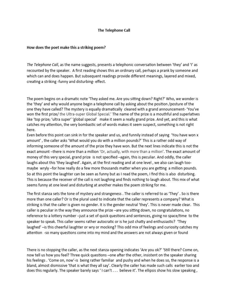 The Telephone Call-An Analysis | PDF | Poetry | Laughter