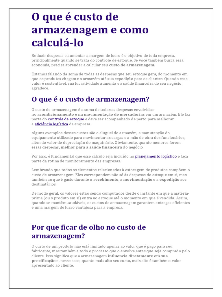 Custo de Armazenagem: Definição e Cálculo | PDF | Despesa | Embalagem e ...