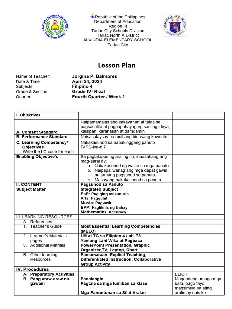 Jorgina Cot-Filipino4-Q4w1-2023-2024 | PDF