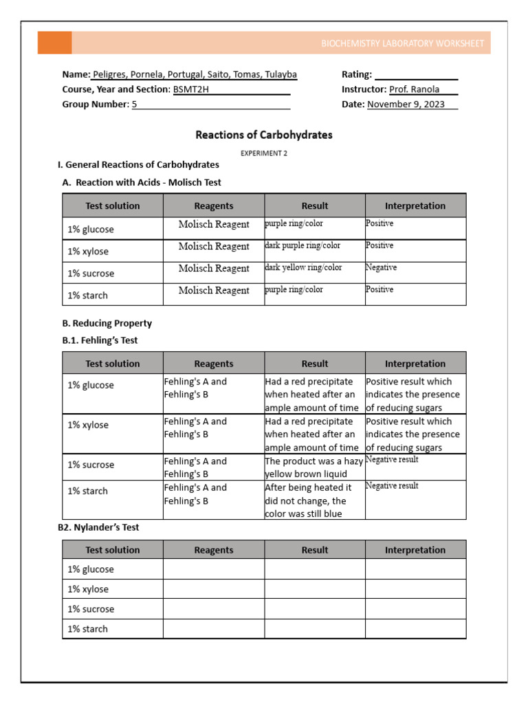 Experiment 3 General Reactions of Carbohydrates Biochem Lab .Docx ...