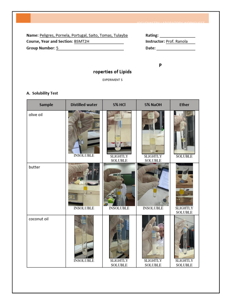 Group 5 Experiment 5 Properties Of Lipids Biochem Lab Pdf 