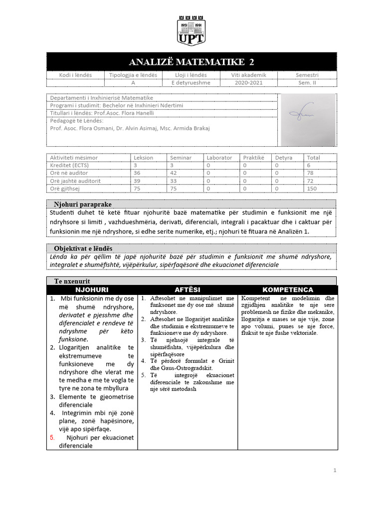 Syllabus AnalizeMatematike2 FIN UPT | PDF