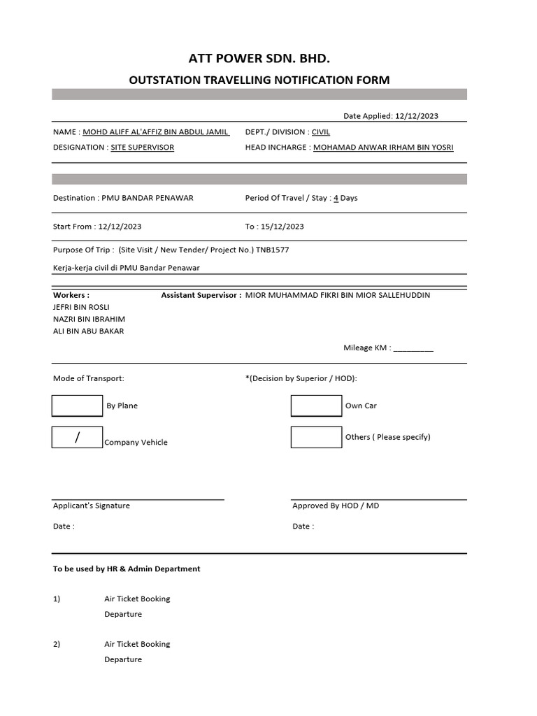 OUTSTATION Travelling Form | PDF