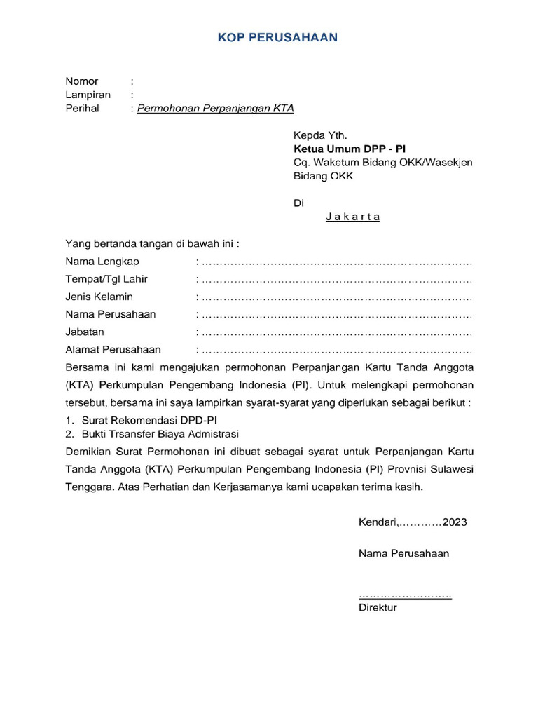 Surat Permohonan Perpanjangan KTA | PDF Surat Permohonan Perpanjangan KTA | PDF