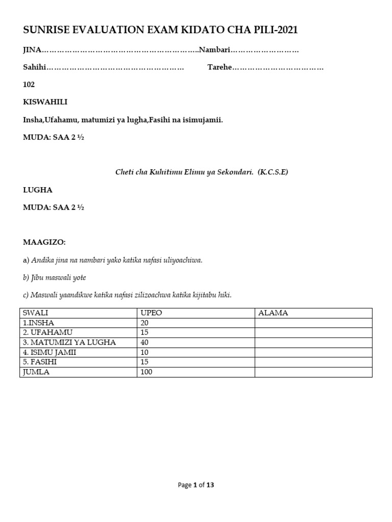 102 F2 Kiswahili QS | PDF
