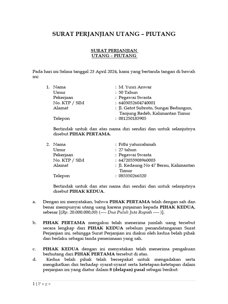 Contoh Surat Perjanjian Utang Piutang FH UII | PDF