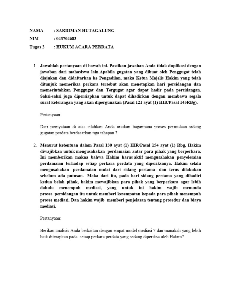 Tugas 2 - HUKUM ACARA PERDATA | PDF