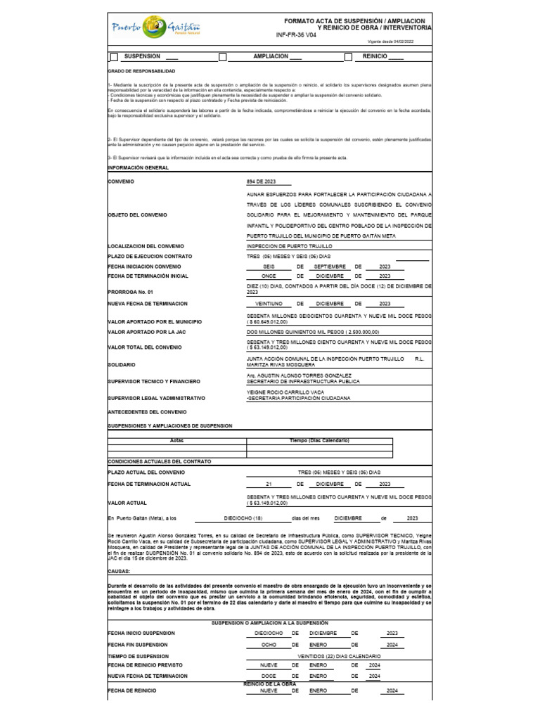 INF-FR-36 V04 Acta de Suspension No. 01 | PDF