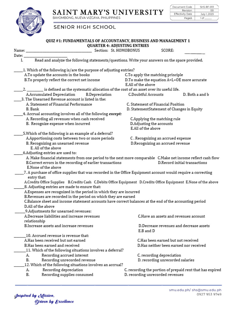 q4 Quiz 1 | PDF | Debits And Credits | Deferral