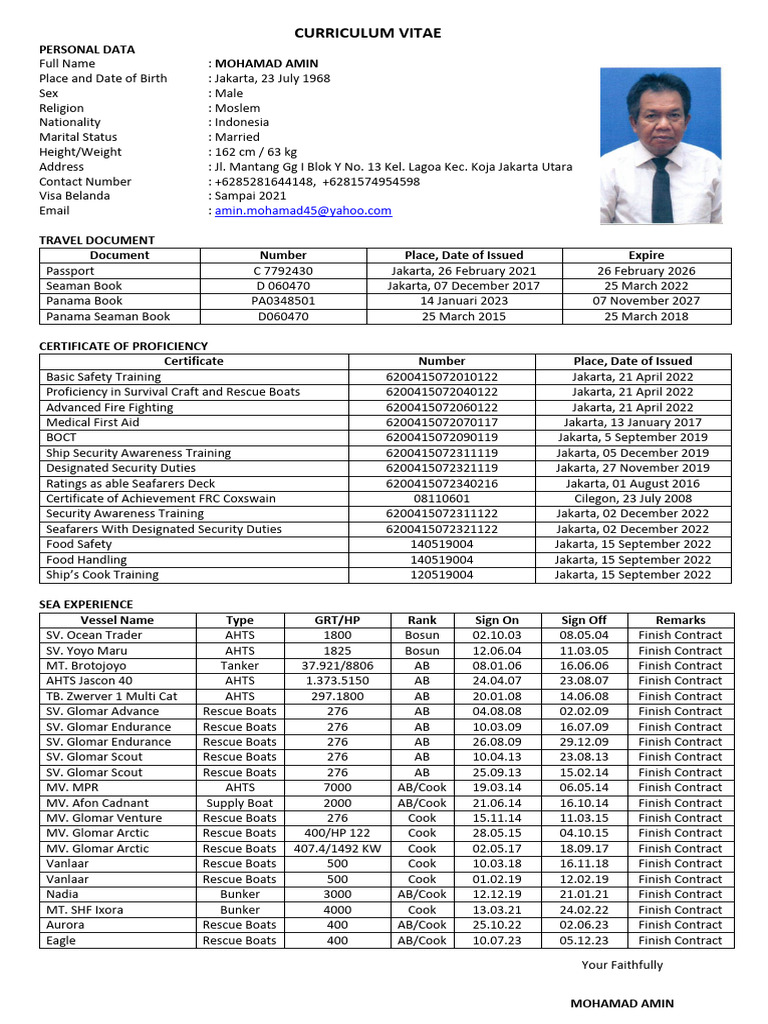 CV Mohammad Amin | Download Free PDF | Sailor | Ships