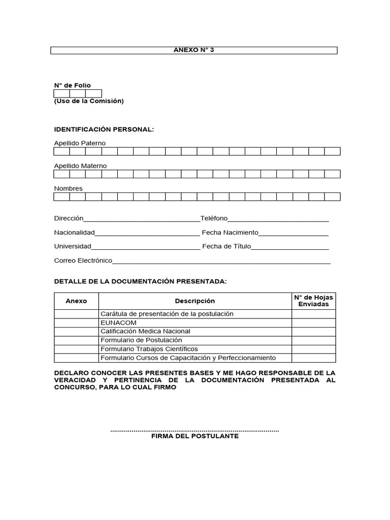 Anexo N 3 Formulario de Postulaci N Dellate | PDF