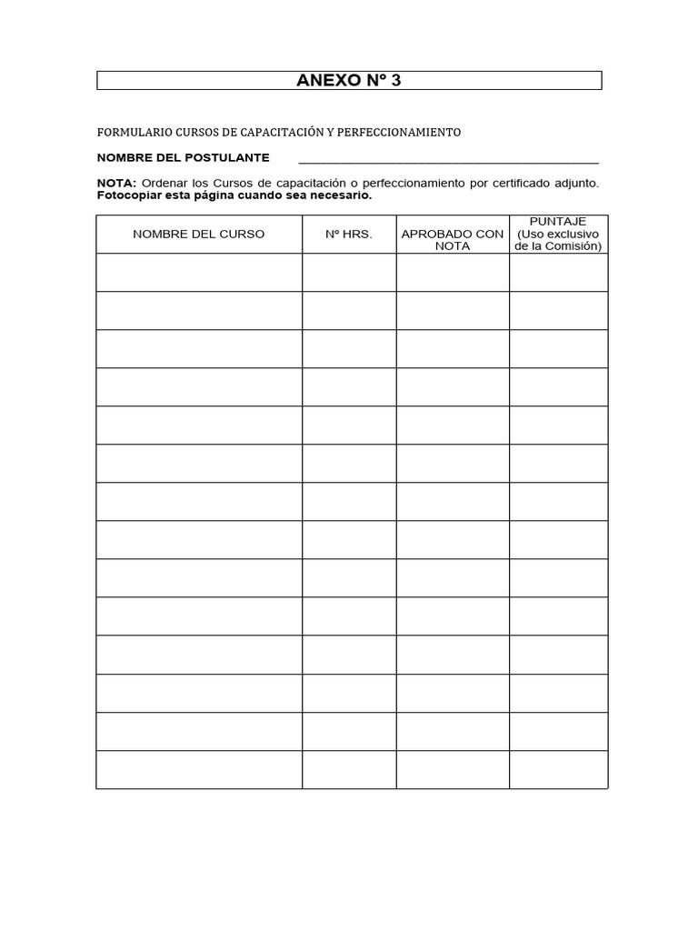 ANEXO 3 - Formulario Cursos de Capacitación y Perfeccionamiento | PDF