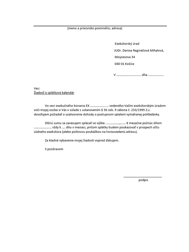 Ziadost o Splatkovy Kalendar | PDF