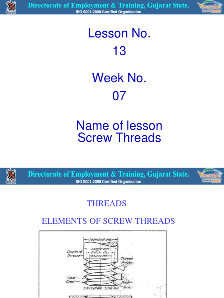 Lesson No. 13 Week No. 07 Name of Lesson Screw Threads | PDF
