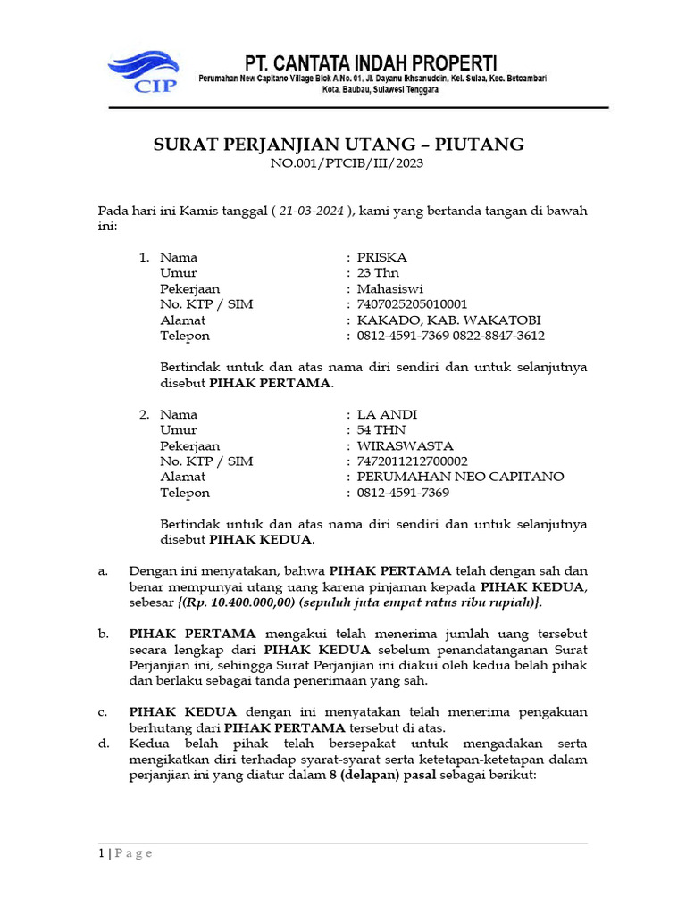 Contoh Surat Perjanjian Utang Piutang FH UII | PDF