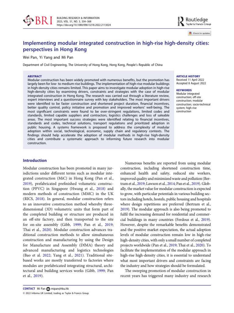 Implementing modular integrated construction in high-rise high-density ...
