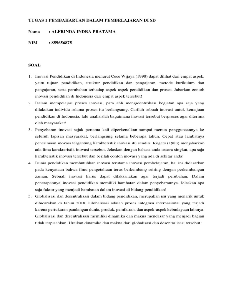 Tugas 1 Pembaharuan Dalam Pembelajaran Di SD | PDF