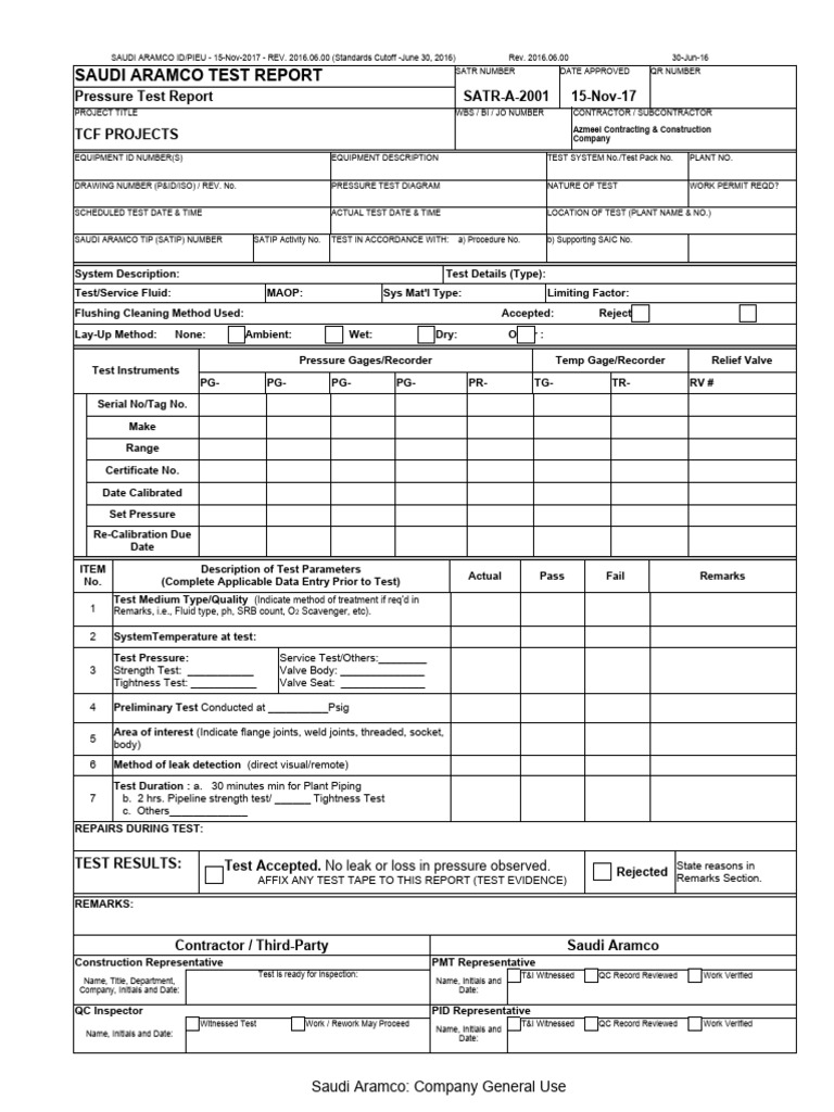 SATR-A-2001 Pressure Test Report | PDF | Leak | Plumbing