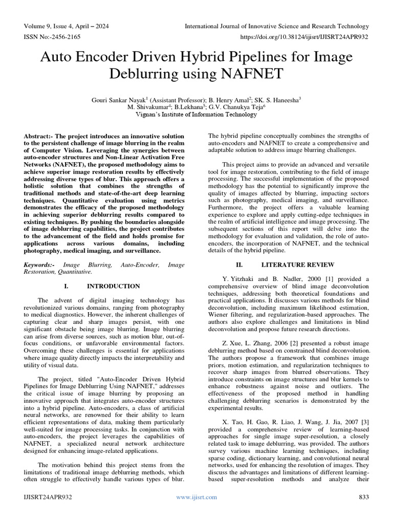 Auto Encoder Driven Hybrid Pipelines For Image Deblurring Using NAFNET | PDF | Deep Learning ...