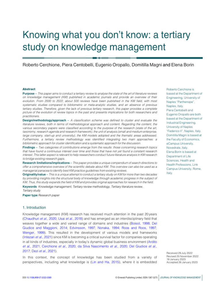 Knowing What You Don 'T Know: A Tertiary Study On Knowledge Management | PDF | Knowledge ...