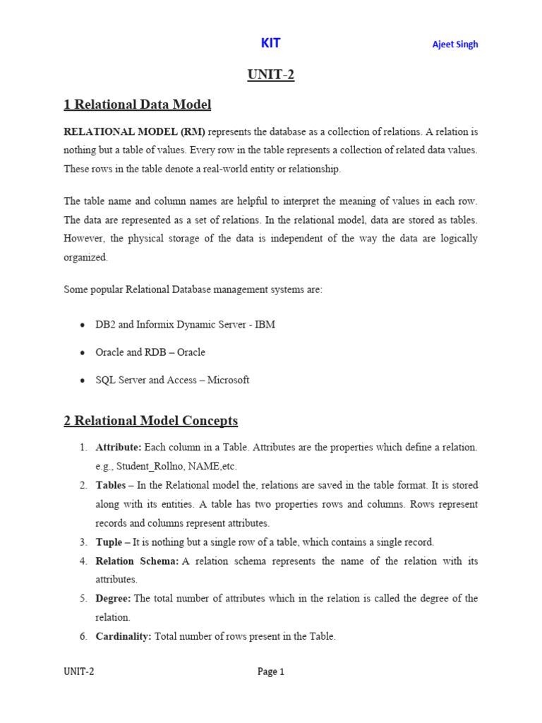 Unit-2 1 | PDF | Relational Database | Relational Model
