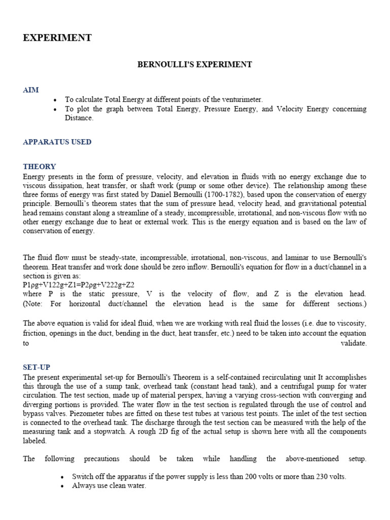 Bernoulli Experiment Report | PDF | Fluid Dynamics | Gases Bernoulli Experiment Report | PDF | Fluid Dynamics | Gases