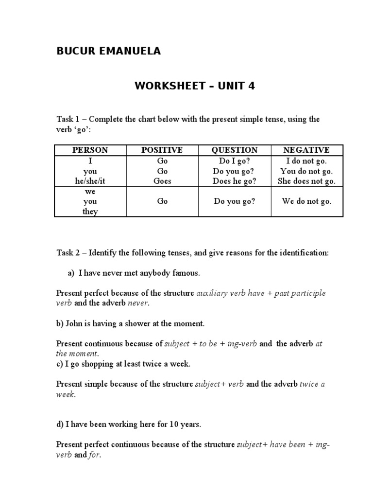 Unit 4 Worksheet | PDF | Verb | Grammatical Tense