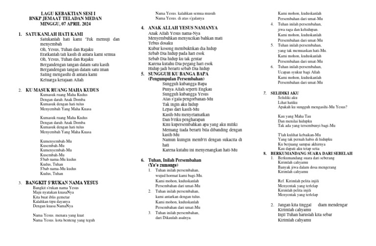 Lagu Ibadah Minggu, 07 April 2024 (Nuansa KKR) | PDF