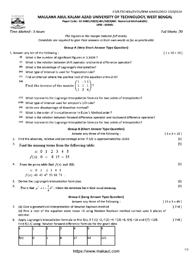Btech 4 Sem Numerical Methods Bs Bs m401 2023 (1) | PDF