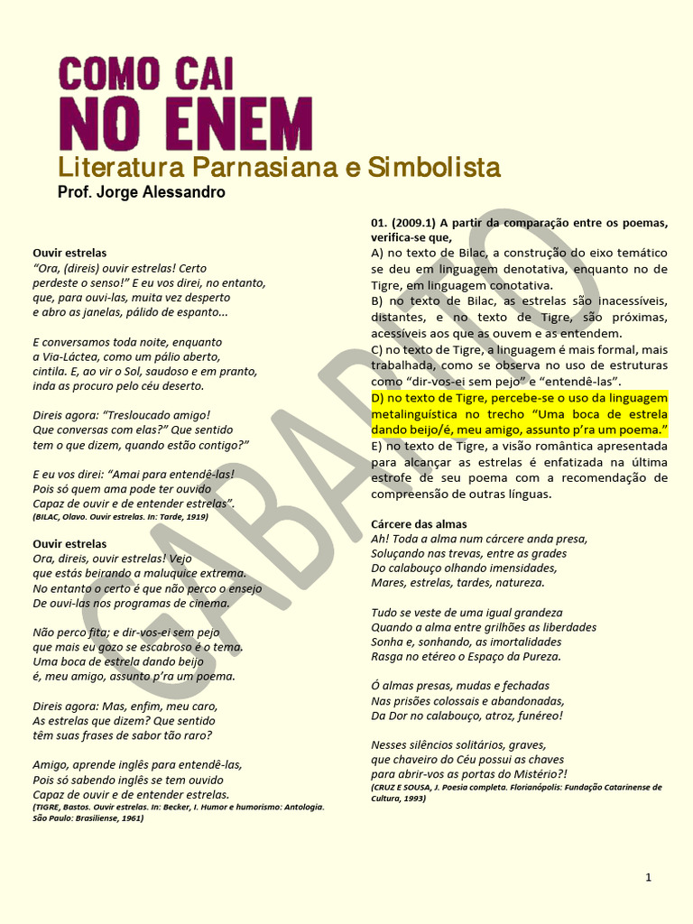Análise dos Poemas Parnasianos e Simbolistas | PDF | Poesia ...