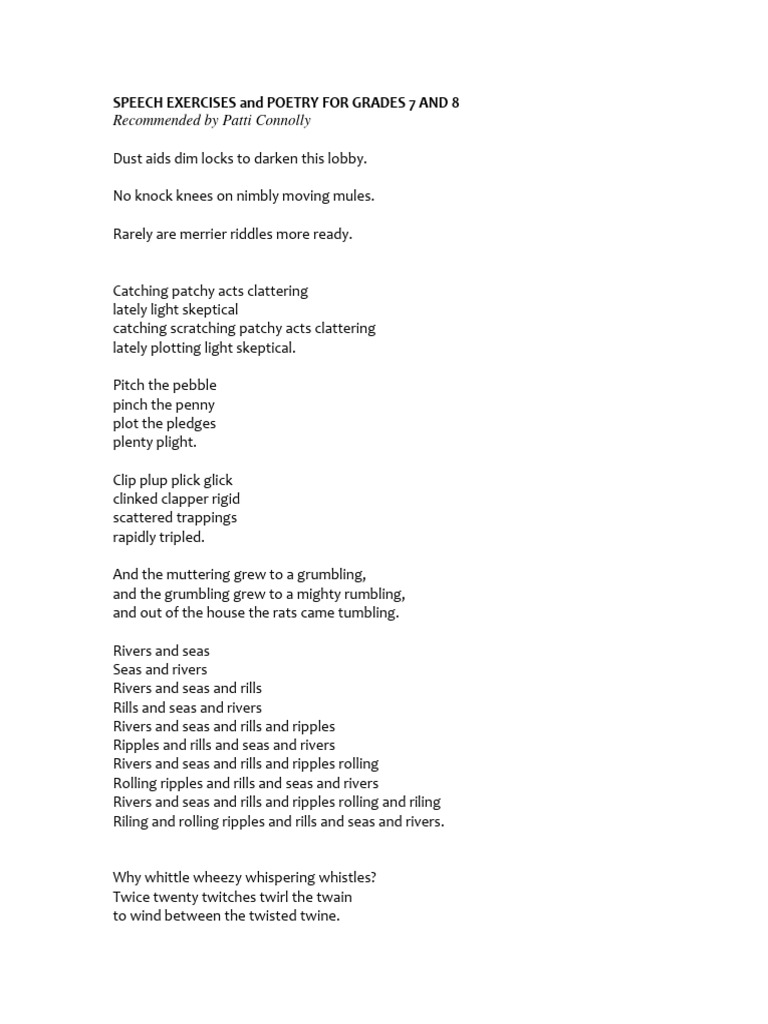 Speech and Poetry Exercises for Grades 7-8 | PDF