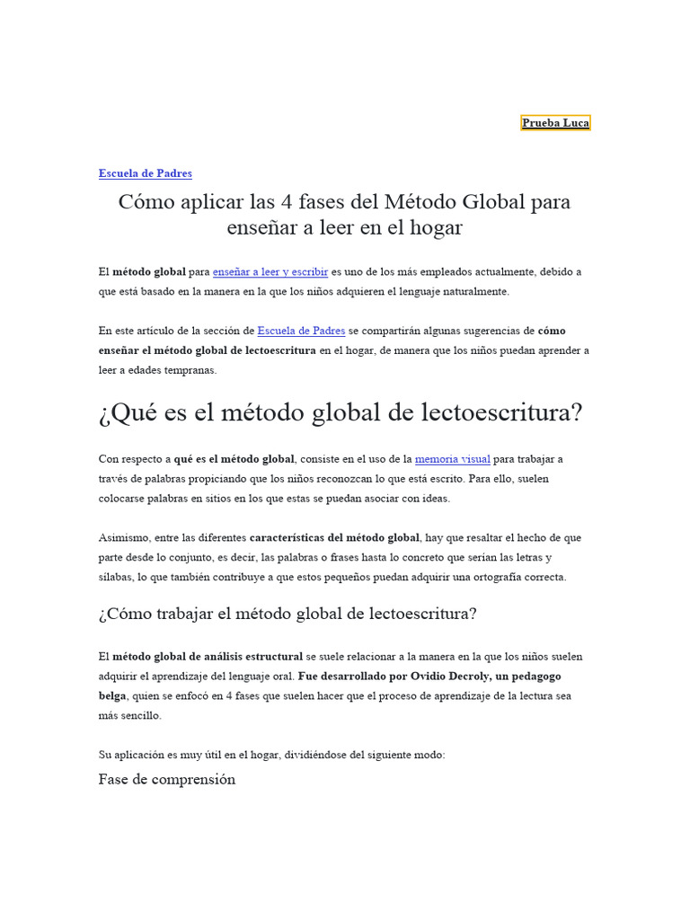 Método Global De Lectoescritura En Casa Pdf Aprendizaje Cognición