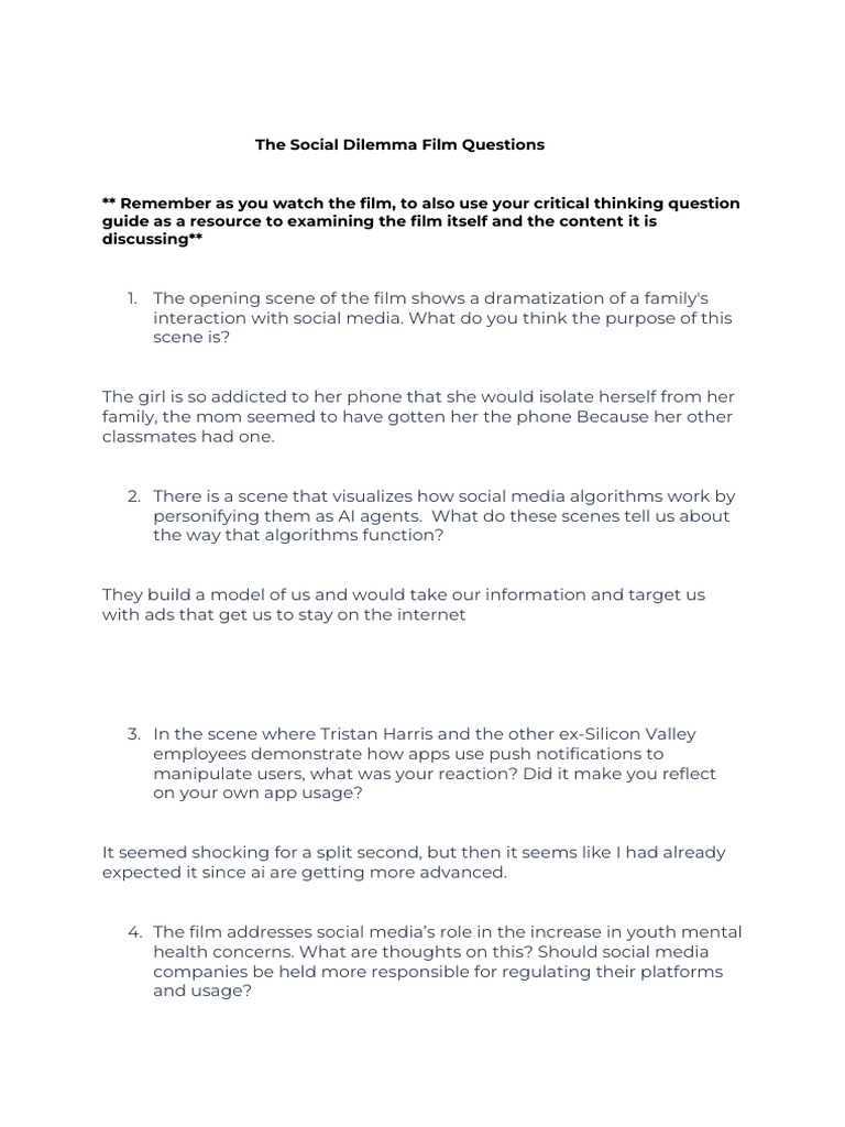 The Social Dilemma Questions | PDF | Social Media | Popular Culture ...