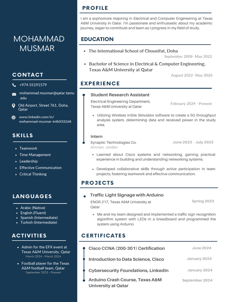 Mohammad Musmar Resume | PDF | Cisco Certifications | Computer Science