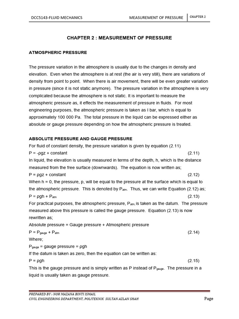 DCC30122 - Fluids Mechanics | Download Free PDF | Pressure | Pressure Measurement