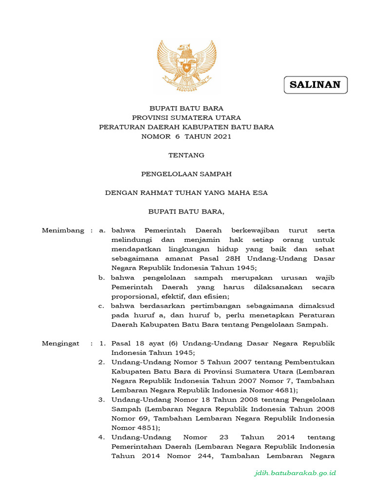 Perda Nomor 6 Tahun 2021 TTG Pengelolaan Sampah | PDF