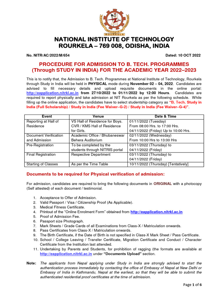 NITR SII Admission Process | PDF | Authentication | Birth Certificate