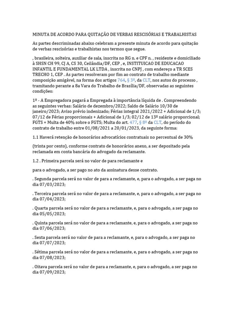 Petição Inicial - TRT10 - Ação Minuta de Acordo para Quitação de Verbas ...