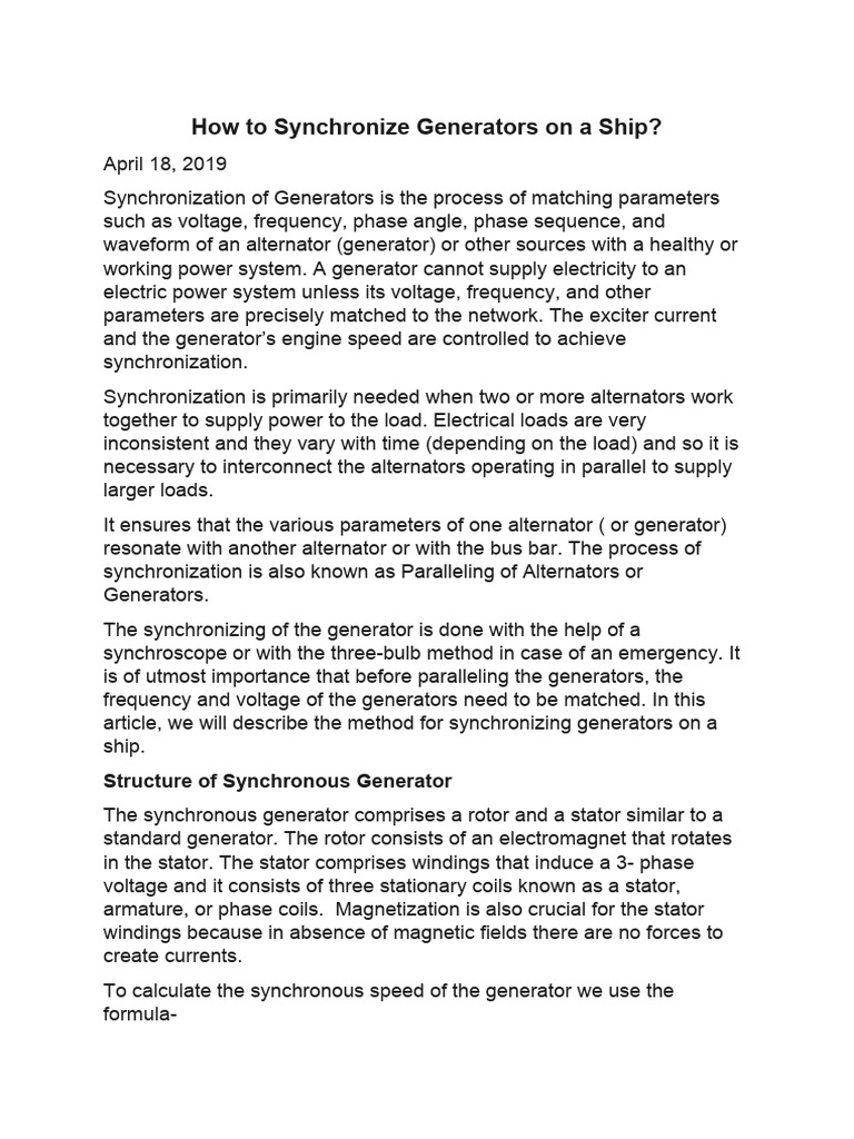 How To Synchronize Generators On A Ship | PDF | Electric Generator ...